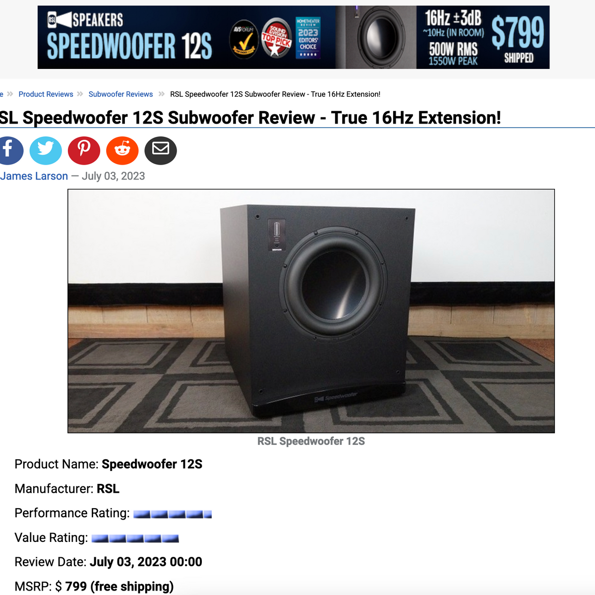 Speedwoofer 12S|Audioholics|RSL Speedwoofer 12S Subwoofer Review - Tru ...